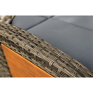 Greemotion Bahia Tobago Patio Poly Rattan Daybed, Steel Frame Loveseat Sofa Storage Ottoman Bench with Teak Retractable Side Tray, 5-Way Adjustable Cushioned Backrest (Brown/Dark Gray)