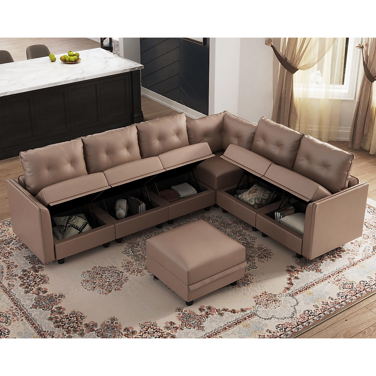 LLappuil Modular Sectional Sofa, Convertible L Shaped Sectional Couch with Storage, Faux Leather Fabric, Modular Sectionals with Chaise, 7 Seats Sofas for Living Room, Cognac Brown