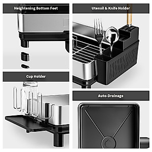 SanDream Dish Drying Rack, Stainless Steel Dish Rack for Kitchen Counter, Dish Drainer for with 360° Rotatable Drain Spout & Utensil Holder, Saving-Space Kitchen Organizer with Cups Holder, Black