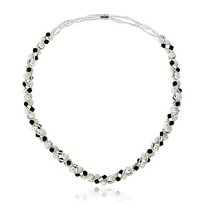 Gem Stone King White Cultured Freshwater Pearl and Black Crystal Necklace Bracelet Wedding Jewelry Set for Women | Necklace 17 Inch | Bracelet 7 Inch