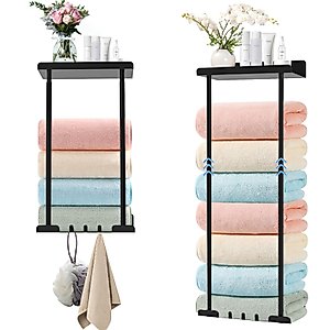 Filta Towel Rack with Shelf for Bathroom Wall Mounted,Retractable Height Metal Bath Towel Rack with Reliable Hooks Storage for Rolled Towel（Black）