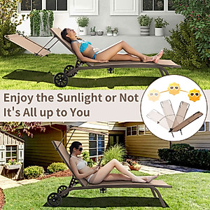 Giantex Outdoor Chaise Lounge Chair, Tanning Chair with Sunshade and Smooth Wheels, 6-Level Adjustable Position, Cup Holder, Metal Frame, Patio Chaise Lounge for Sunbathing, Yard, Poolside (1)