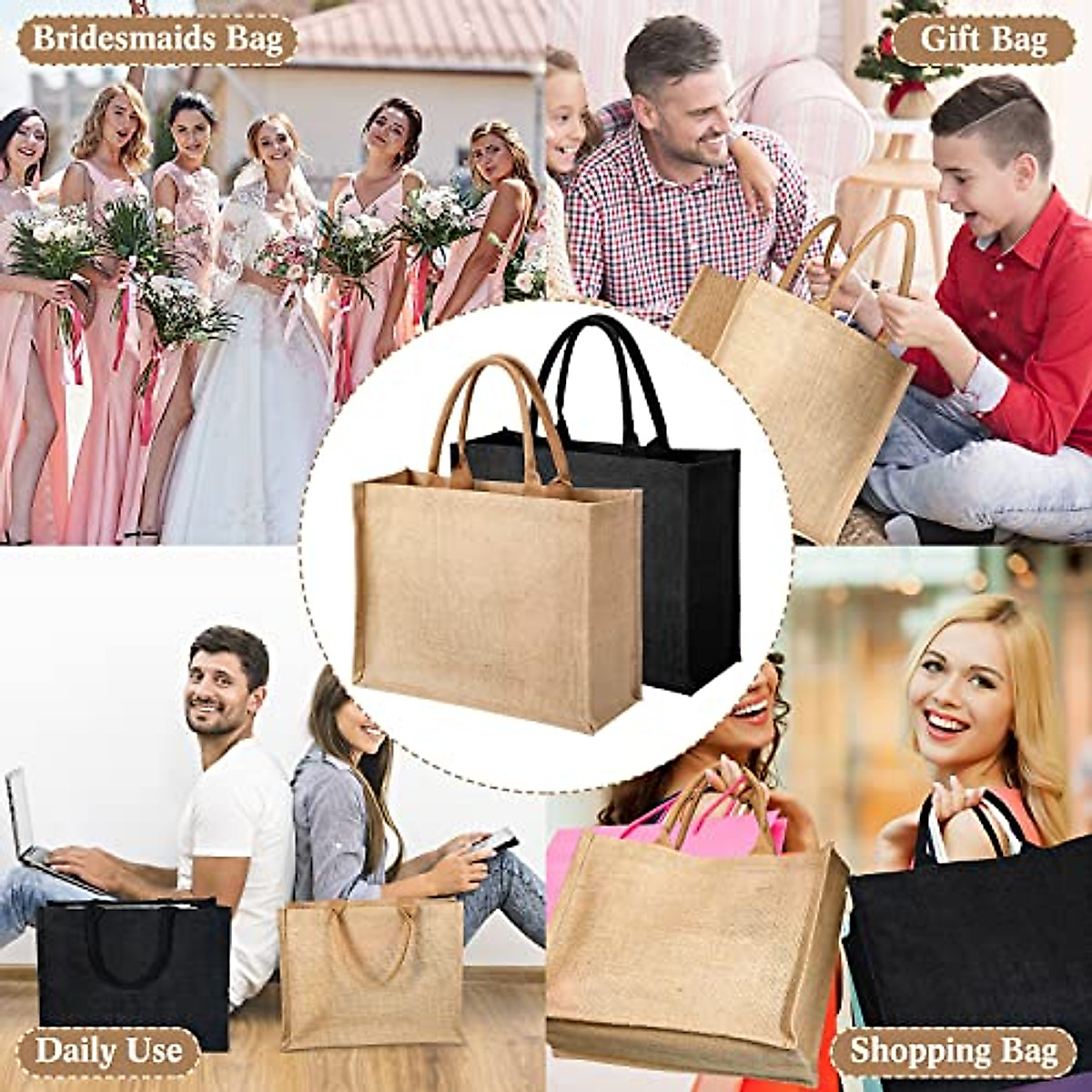 12 Pack Burlap Tote Bag Large Jute Tote Bags with Handles Blank Burlap Reusable Grocery Bags Water Resistant for Bridesmaid Gift Travel Shopping DIY Crafts Bags,jute Black, 15.4x12.2x5.9 Inches