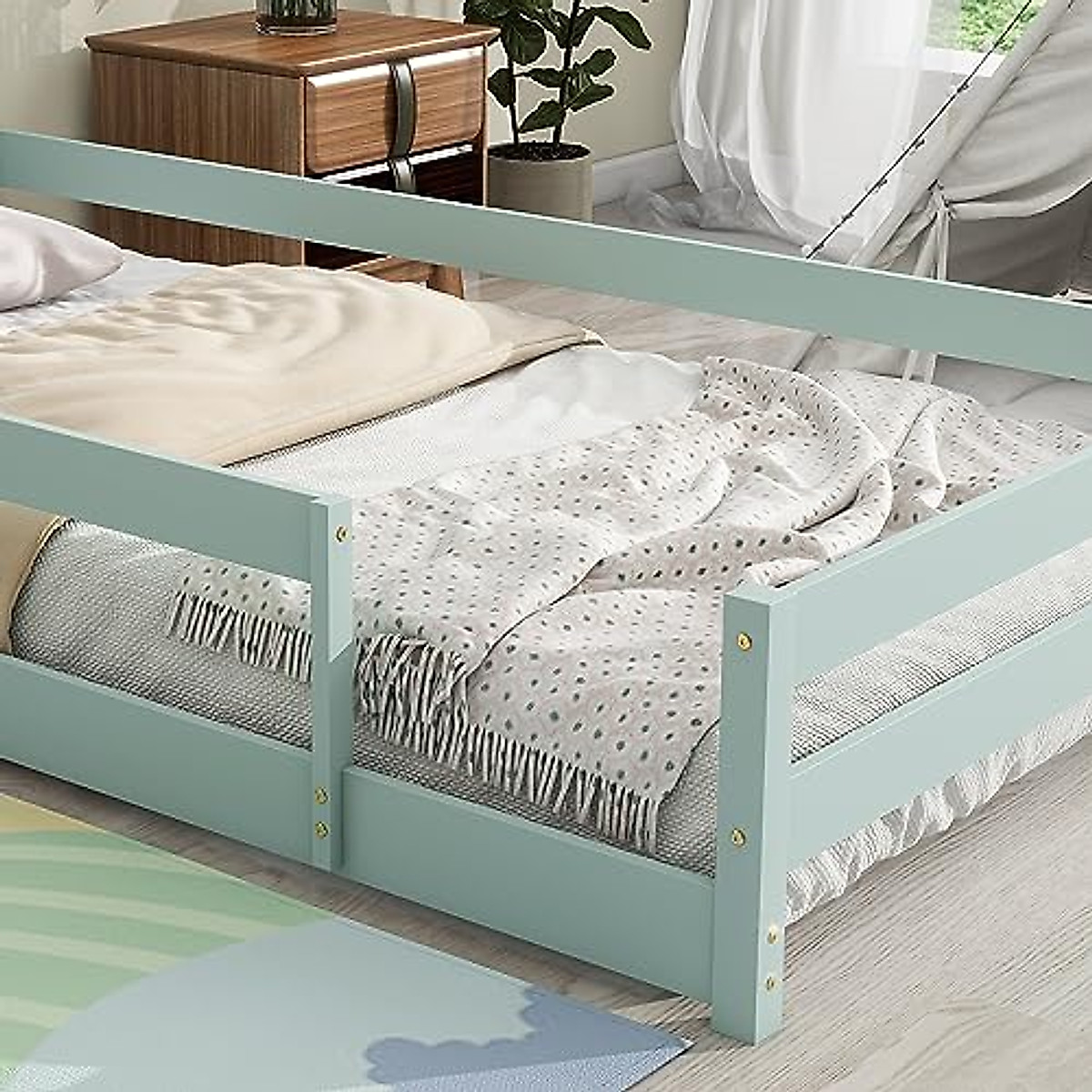 SIYSNKSI Twin Size Platform Bed, Wooden Platform Bed Frame with House-Shaped Headboard, Floor Bed with Fences for Kids Boys Girls Bedroom, Easy Assembly (Light Green + Pine 04)
