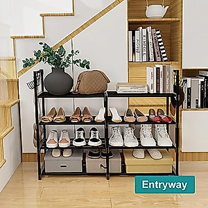 MOCINE 4-Tier Shoe Rack, Black Metal Shoe Racks, Stackable Shoe Shelf with Multifunctional Hooks, Hold 20 Pairs, Space saving shoe rack, Shoes rack for closet,