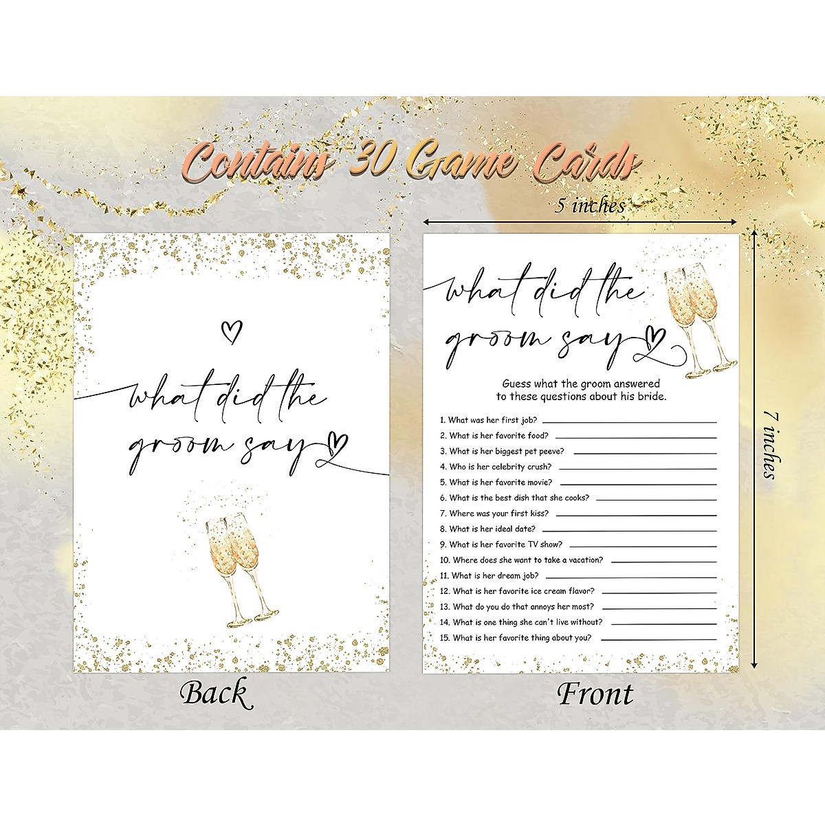 What Did the Groom Say Bridal Shower Game, Wedding Shower and Bachelorette Party - Set of 30 Cards, Gold Champagne Bridal Wedding Activities Game Cards for Guests, Bridal Shower Party Decorations-LK1