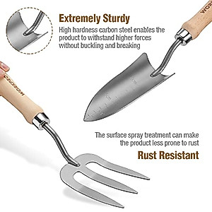 WORKPRO Garden Tool Set, 5 Piece Heavy Duty Steel Gardening Tools Kit with Wooden Handle, Includes Hand Trowel, Transplanter, Weeder, Hand Fork and Hand Rake, Gardening Gifts for Women Men
