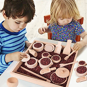 Montessori Sensory Bin Tools Toy with Wooden Box for Toddlers, Pretend Play Dish Toys Wooden Bowls Scoop Tongs Transfer Work Pouring Set, Kids Fine Motor Skills Development