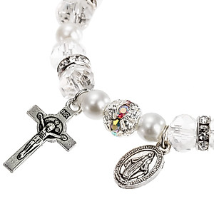 Coloch 6 Pack Women's Bead Stretch Rosary Bracelet, Crystal Cross Bracelet Catholic Bracelets with Crucifix and Miraculous Medal for Girl, Women, Birthday, Anniversary, Valentine's Day, White, faux