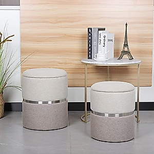 SOFT ASS Modern Linen Storage Ottoman Khaki and Brown Footrest with Silver Stainless Steel Ring Waist for Living Room Bedroom and Entrance (Khaki and Brown, Pack of 2)