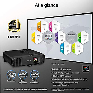 Epson Pro EX9240 3-Chip 3LCD Full HD 1080p Wireless Projector, 4,000 Lumens Color Brightness, 4,000 Lumens White Brightness, Miracast, 2 HDMI Ports, Built-in Speaker, 16,000:1 Contrast Ratio