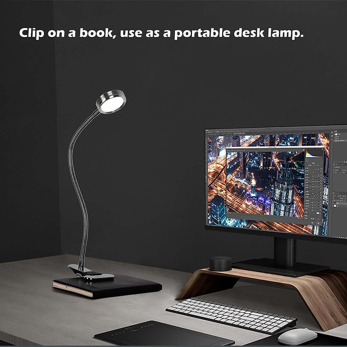 EYOCEAN LED Reading Light, Dimmable Clamp Light for Bed Headboard, Bedroom, Office, 3 Modes & 9 Dimming Levels, Flexible Clip Desk Lamp, Adapter Included, 5W, Silver