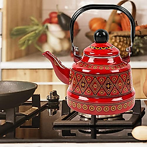 Leefasy 2.5L Enameled Tea Kettle Teapot Tableware Coffee Kettle No Whistling Easy Clean Teakettle for Stovetop for Picnic Kitchen Outdoor Hiking, Red A