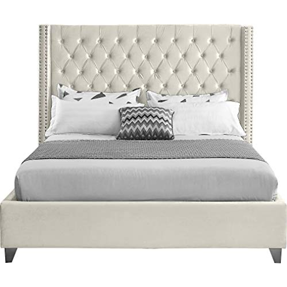 Meridian Furniture Aiden Collection Modern | Contemporary Velvet Upholstered Bed with Deep Button Tufting, Solid Wood Frame, and Custom Chrome Legs, Full, Cream