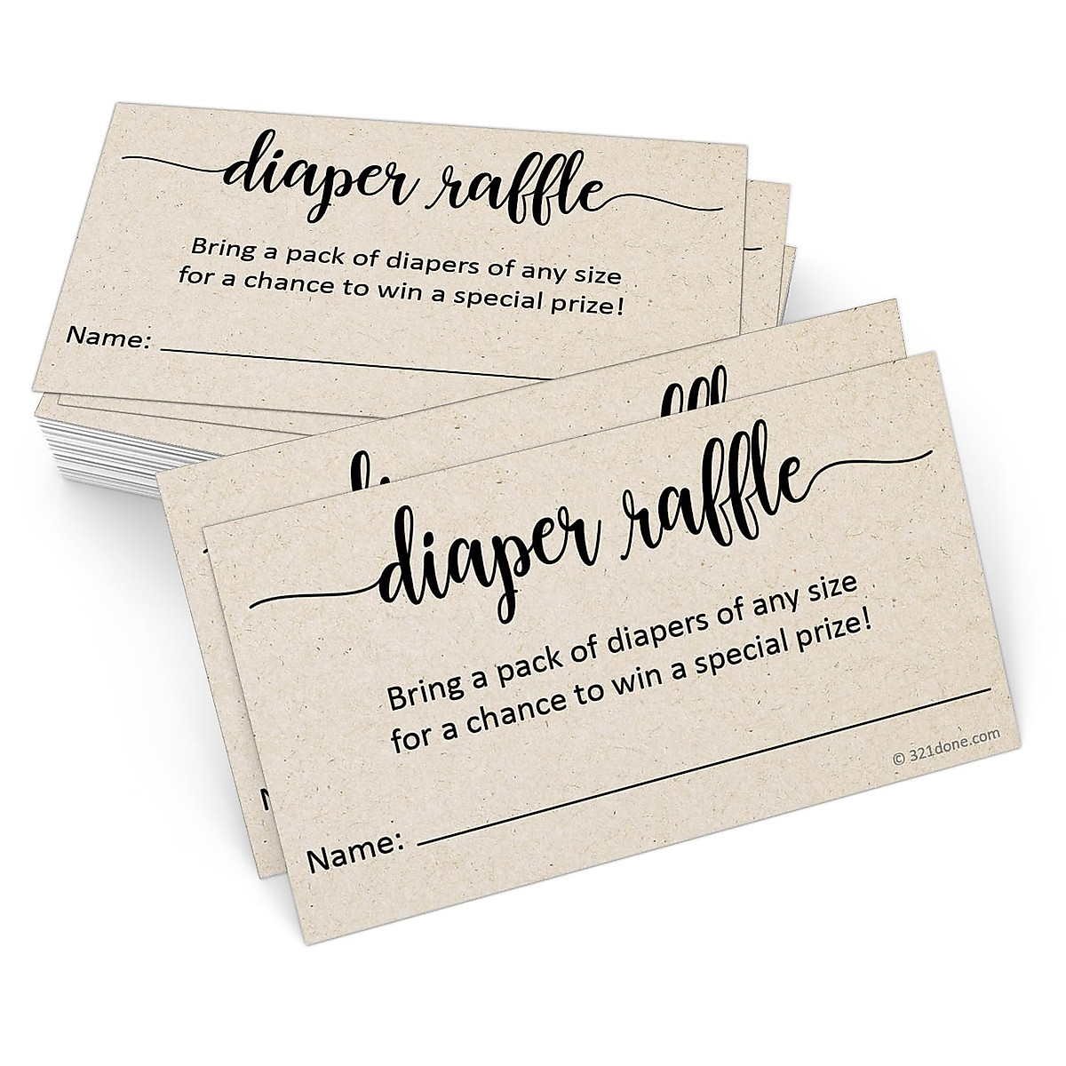 321Done Diaper Raffle Tickets, Made in USA - 3.5x2 Kraft Tan, With Name Line, Baby Shower Game, Enter to Win Drawing, Prize, Small - Pack of 50