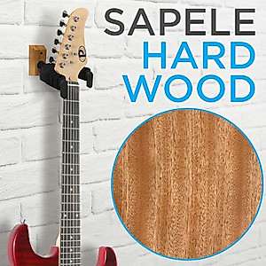 Pyle Guitar Wall Mount Hanger with Auto Lock, Universal Hook Holder with Sapele Hard Wood Base, 45 Degree Swivel, EVA Cushion for Electric and Acoustic Guitars