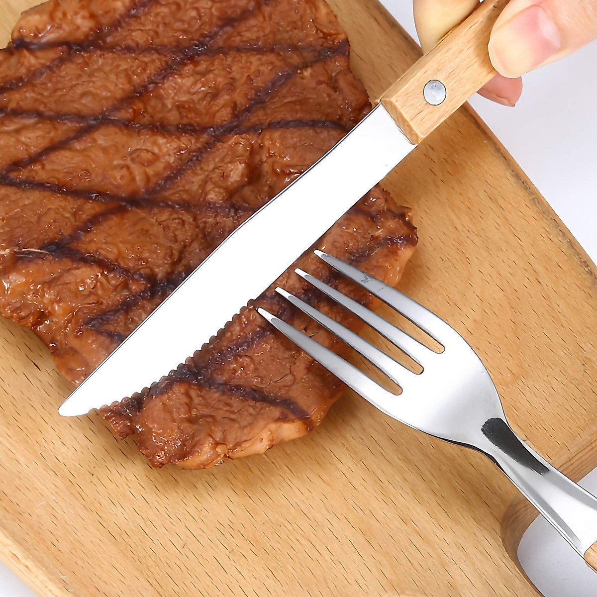 Lnrkai Cutlery Sets of 6, Dinner Spoons, Knife and Fork Set, Stainless Steel with Wooden Wide Handles, Flatware Set Tableware Dinnerware, Service for 2 Adult