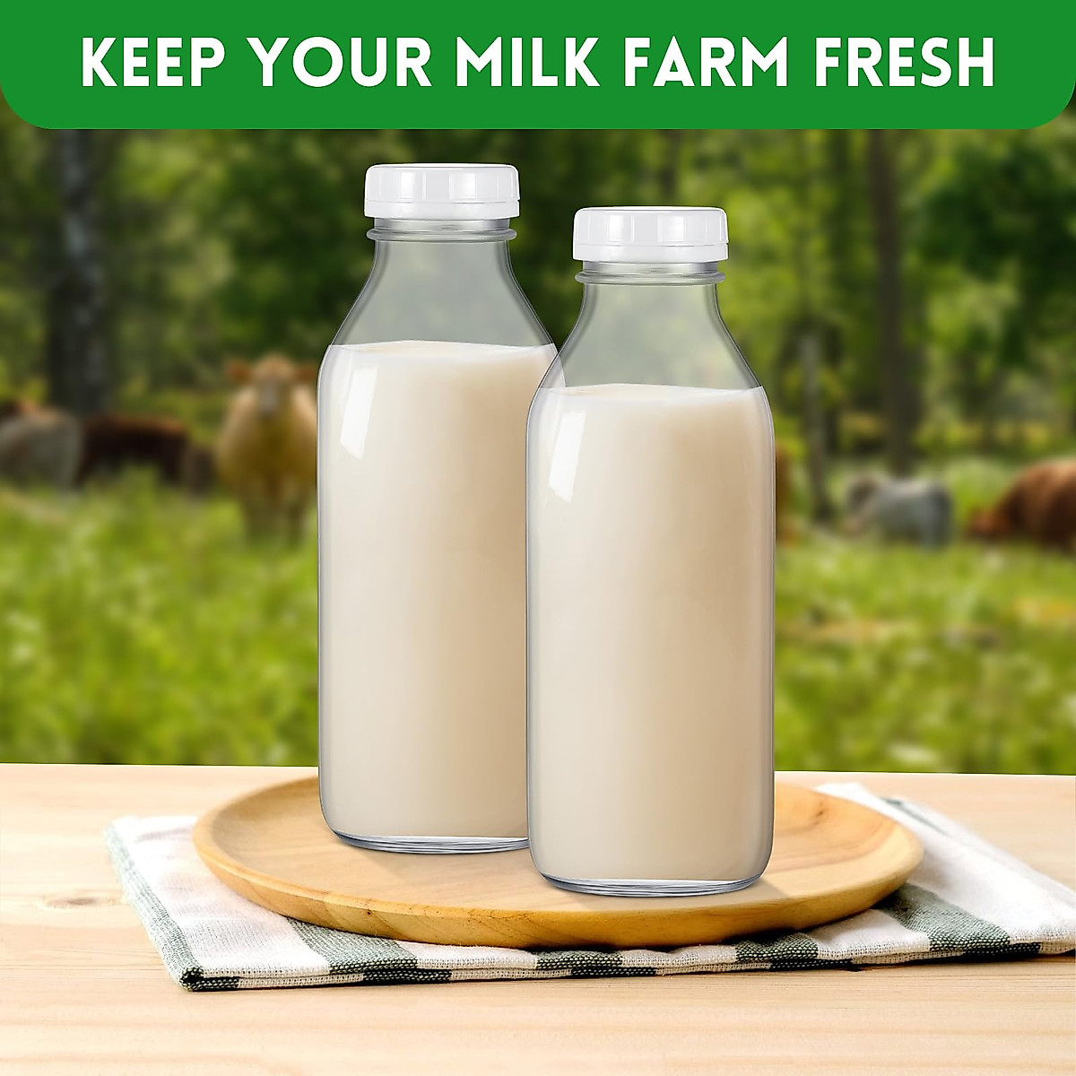 Peryiter 6 Pcs Glass Milk Bottle with Lid Reusable Clear Milk Jar with Lids for Fridge Glass Milk Container for Refrigerator Milk Glass Bottles with 12 Plastic Cap for Juice Honey Maple Syrup (32 oz)