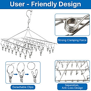 Akamino 4 Pcs Hanging Drying Rack,Stainless Steel Herb Drying Rack with 30 Stainless Clips,Collapsible Swivel Drying Rack Windproof Hook for Drying Herb Air Plants,Flowers,Towel,Bras,Lingerie, Sock