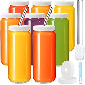 OAMCEG 8 Pack 16OZ Glass Juice Bottles with Straw Lids - Smoothie Cups with Lids and Straws, Reusable Juice Bottles for Juicing, Glass Drinking Mason Jars Travel Bottles Cup (Perforated Cover)