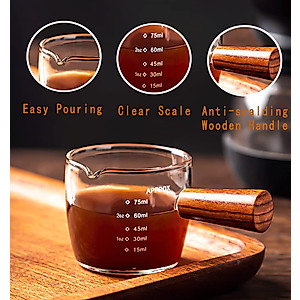 Espresso Shot Glass 75ML Single Spouts Espresso Measuring Cup Accessories with Wood Handle for Barista Milk Coffee Espresso Making (1 Pack)