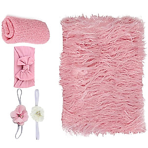 Camidy Newborn Photography Props,5pcs/Set Fluffy Blanket Mat + Ripple Wrap + Headbands Swaddle Wrap Photography Mat Outfits for Infant Boys or Girls Photoshoot Session
