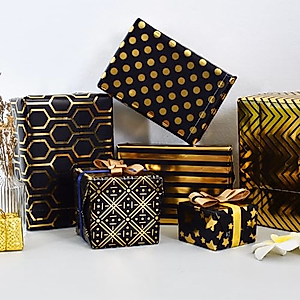 BEISHIDA 6 Styles Christmas Gift Wrapping Paper Set with Ribbon&Double-Sided Tape,Birthday Gift Wrapping Paper with Black Gold-Metallic Foil Design,DIY Craft,12 Sheets Folded 20x28in