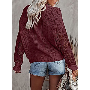Dokotoo 2023 Sexy Women's V Neck Lace Crochet Hollow Out Long Sleeve Button Down Cable Knit Cardigan Sweaters for Ladies Girls Loose fit Tunic Pullover Sweater Tops Wine Red L