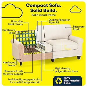 Serta Copenhagen Rolled Arm, Easy Care Polyester, Soft Pillow Back, Pocket Coil Seat Cushions, Removable Covers, Loveseat or Couch for Small Spaces, Living Rooms or Bedrooms, 73" Sofa, Buckwheat