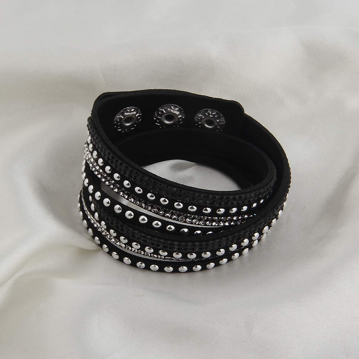 KUIYAI Wrap Leather Bracelet with Bling Bling Crystal Rhinestones and Snap buttons (Black)