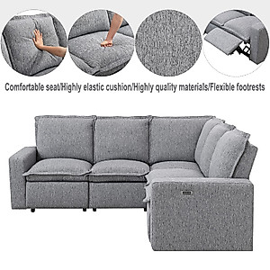 FREESNOOZE Power Reclining Sectional Sofa L-Shaped Recliner Corner Sofa, Home Theater Recliner Chair Couch with USB Port for Living Room/Bedroom Linen Fabric (Grey)