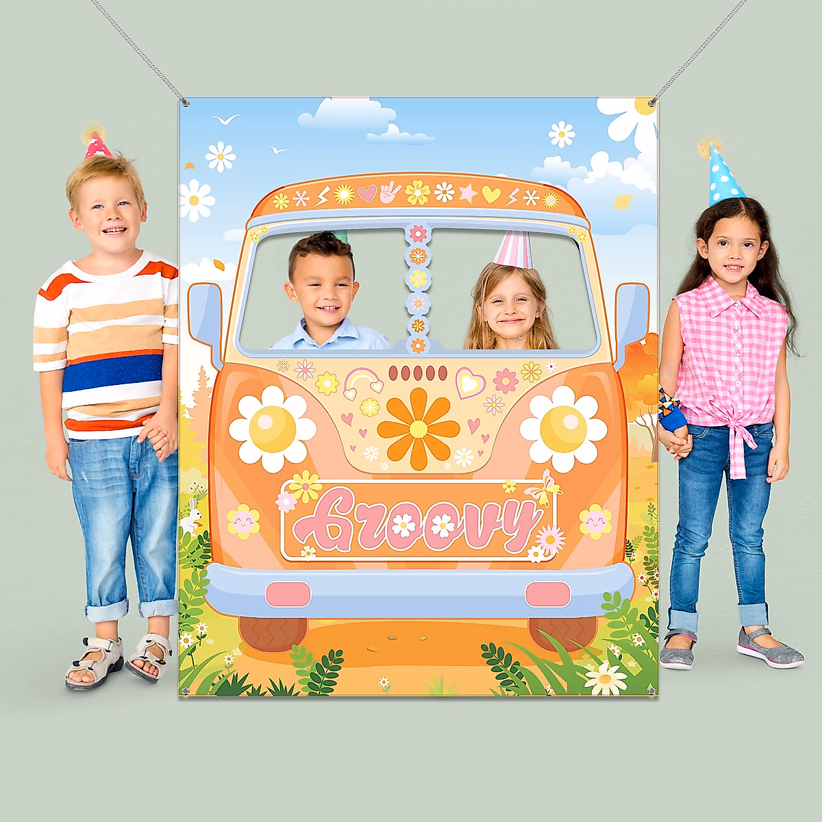 Hippie Bus Photo Prop, Groovy Birthday Party Decorations Large Fabric Hippie Bus Photo Door Banner Background Funny Selfie Frame Backdrop for 60's 70's Party Favors, 59 x 47.2 Inch (Cute Style)