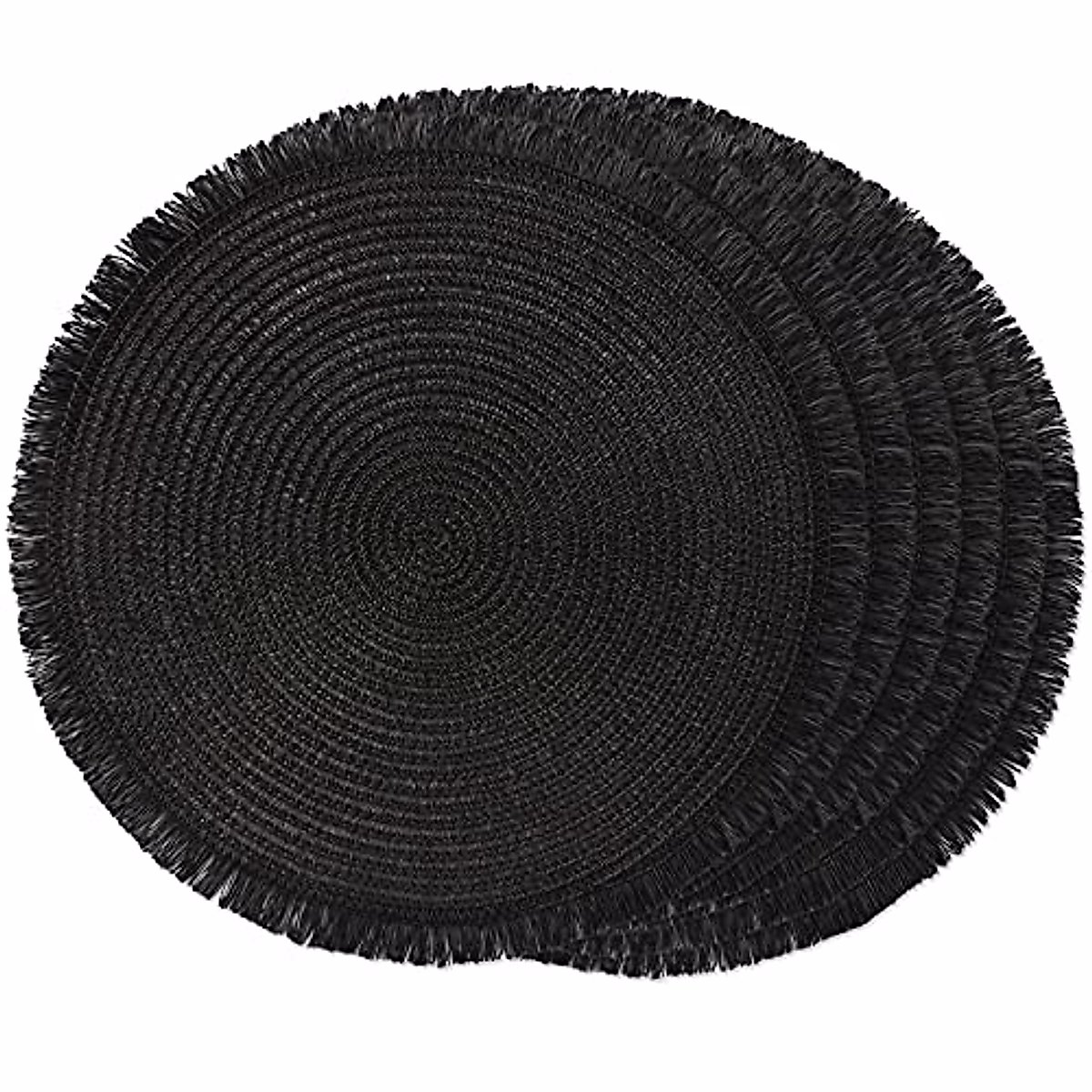 FunWheat Paper Round Braided Placemats Set of 6 for Dining Tables 15 Inch Heat Resistant Table Mats Farmhouse Woven Fabric Natural Place mats for Decoration with Tassel(Black)