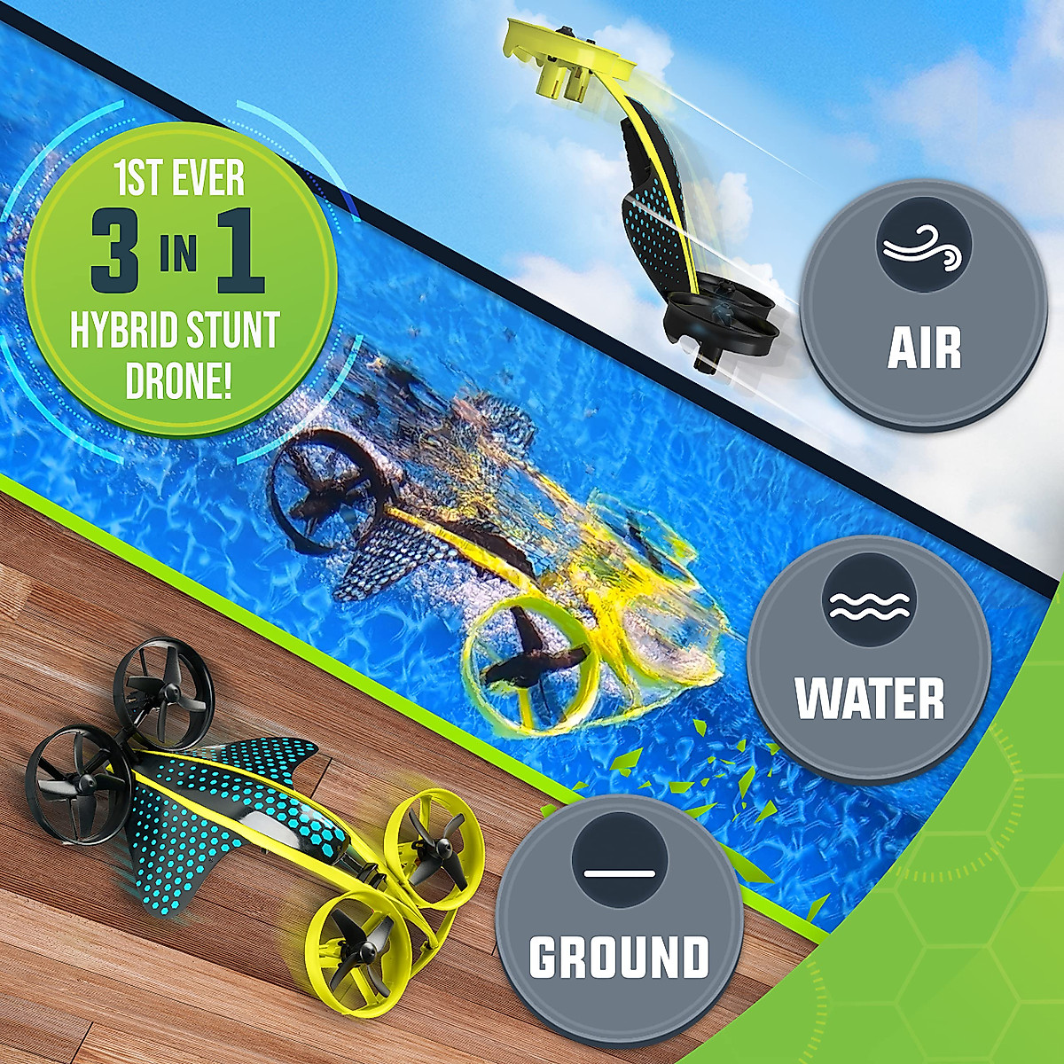 WowWee HydraQuad 3-in-1 Hybrid Air to Water Stunt Drone – Remote Control Toy for Kids