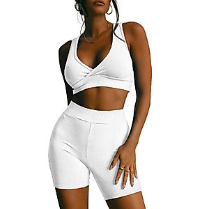 Plilima Casual Workout Sets Two Piece Outfits for Women Ribbed Crop Tank Top High Waist Leggings Yoga Outfits Short Sets XL