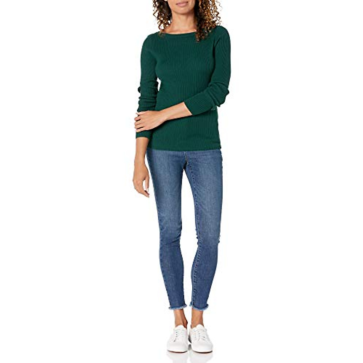 Amazon Essentials Women's Lightweight Ribbed Long-Sleeve Boat Neck Slim-Fit Sweater, Forest Green, Large