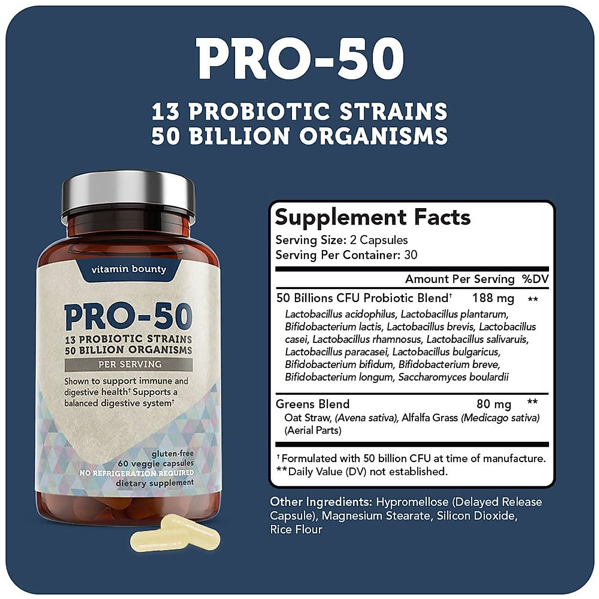 Vitamin Bounty Pro-50 Probiotic - 50 Billion Organisms and 13 Probiotic Strains That Promote Gut Health, Digestive Health Probiotic, Delayed Release Capsule with Prebiotic Greens - 60 Capsules