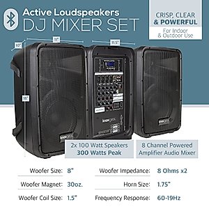 Knox Gear Dual Speaker and Mixer Set–Portable 8” 300 Watt DJ PA System with Wired Microphone & Tripod Stands, Amplifier, Bluetooth, USB, SD, 1/4” Line RCA, XLR Inputs, Ideal for a party or event