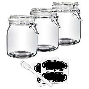 YEBODA 32oz Food Storage Canister Glass Jars with Clamp Airtight Lids and Silicone Gaskets for Multi-Purpose Kitchen Containers - Clear Square (3 Pack)