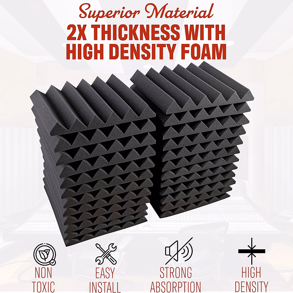 Acoustic Panels Soundproof Wall Panels- 24 Pack 2" x 12" x 12" Sound Proof Foam Panles Adhesive High Desnsity Fireproof Sound Panels Top Quality Sound Deadening Panels Ideal for Home & Studio