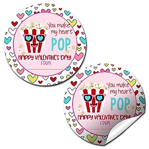 You Make My Heart Pop Fun Popcorn Themed Valentine Party Favor Sticker Labels for Kids, 40 2" Party Circle Stickers by AmandaCreation, Great for Classroom Valentines, Envelope Seals, Gifts, Treats
