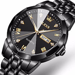 OLEVS Watch for Men Diamond Business Dress Analog Quartz Stainless Steel Waterproof Luminous Date Two Tone Luxury Casual Wrist Watch Black