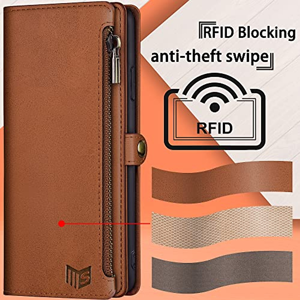 SUANPOT for iPhone 14 Pro Max Wallet case 【RFID Blocking】【9 Card Slot】【Pocket】,Credit Card Holder Flip Folio Book Zipper PU Leather Protective Cover Women Men for 14 ProMax Phone case Light Brown