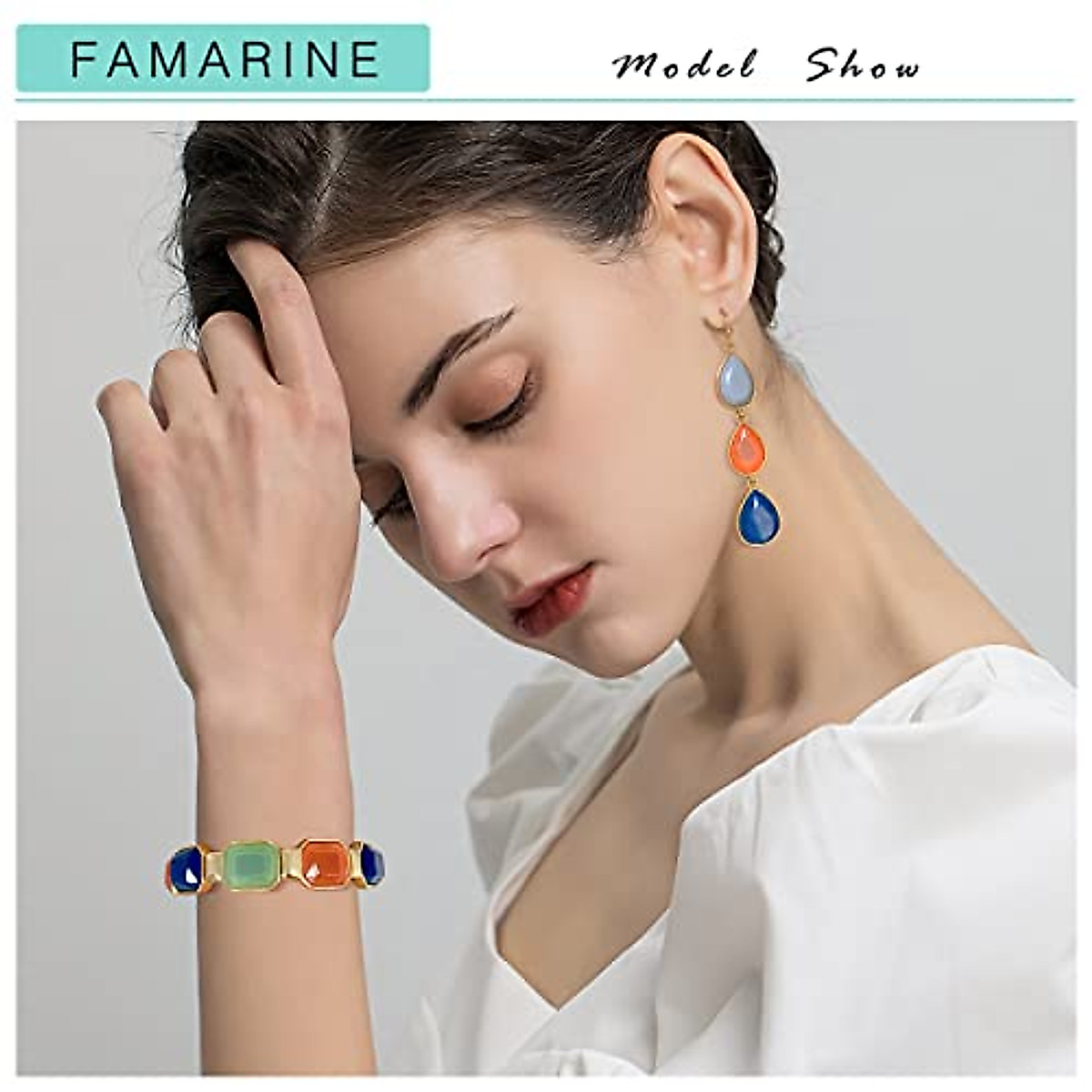FAMARINE Multicolor Dangle Drop Earrings Bracelet Necklace for Girls Women, Red Blue