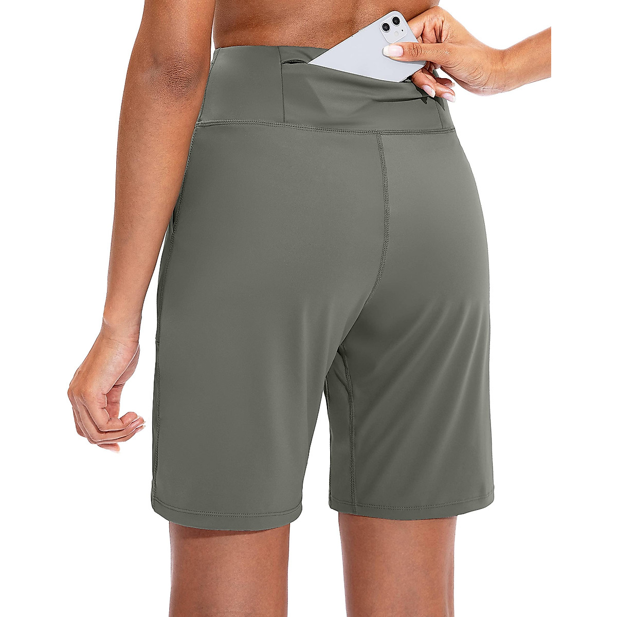 SANTINY Bermuda Shorts for Women with Zipper Pocket Womens High Waisted Long Shorts for Running Workout Athletic(Grey Sage_XL)