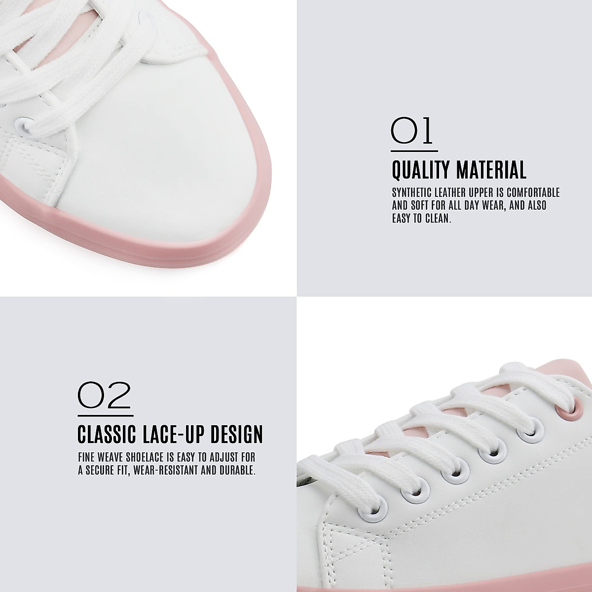JABASIC Women Lace Up Platform Sneakers Comfortable Casual Fashion Sneaker Walking Shoes (11,White/Pink)