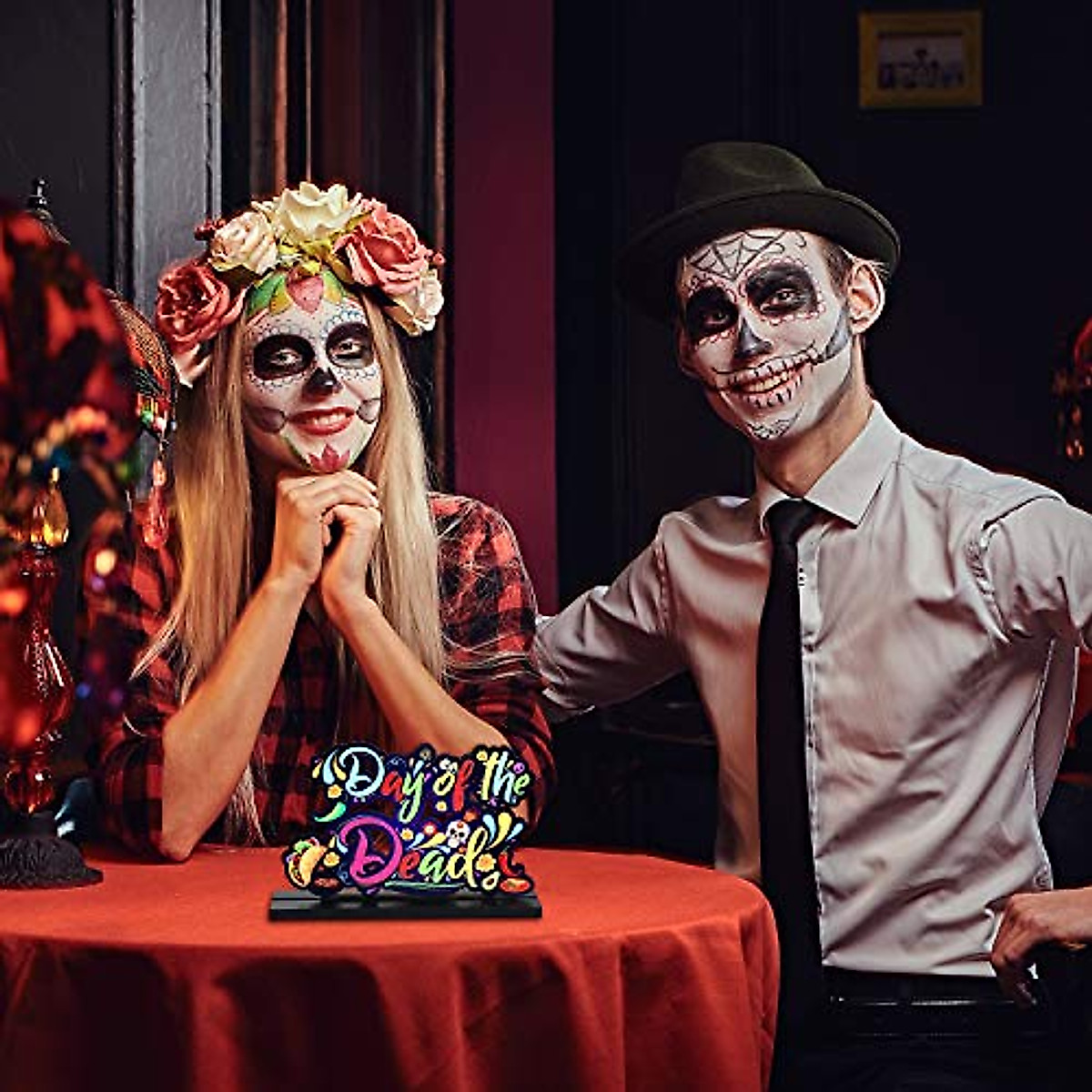 Halloween Table Centerpieces Day of The Dead Decorations Dia de Los Muertos Sugar Skull Signs Happy Halloween Decorations, Mexican Skeleton Skull Wooden Papel Picado Dinner Tier Tray Decor