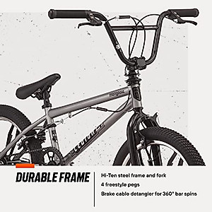 Mongoose Legion Mag Kids Freestyle Sidewalk BMX Bike, Beginner Riders, Girls and Boys, 20-Inch Stylish Aluminum Mag Wheels With 4 Axle Pegs, Hi-Ten Steel Frame, Micro Drive 40x16T BMX Gearing, Silver