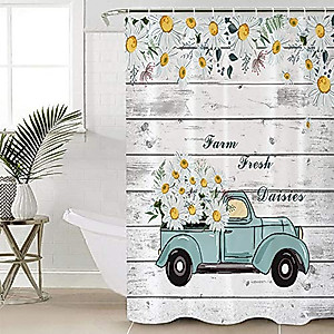 Xback 4 Piece Shower Curtain Sets for Bathroom, Farm Fresh Daisies Blue Truck Fresh Pastoral Style Retro Wood Board Machine Washable Bath Curtain with Non-Slip Rugs, Toilet Lid Cover and Bath Mat