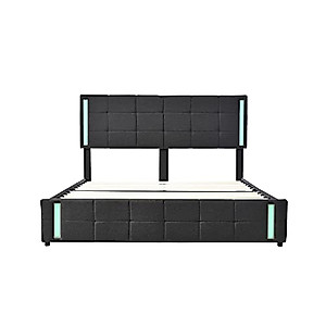 Harper & Bright Designs Queen Size Upholstered Platform Bed with LED Lights and USB Charger, Queen Storage Bed, Linen Platform Bed Frame with 4 Drawers, for Kids Teens Adults (Dark Gray)